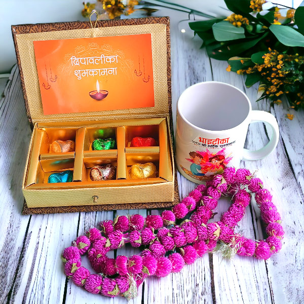 Tihar/Bhaitika Sweets Combo With Ceramic Mug and Makhamali Mala | Gifts ...