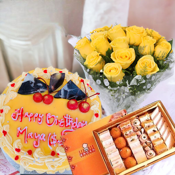 Butterscotch Cake With Mithai And Roses Bouquet | Gifts to Nepal ...