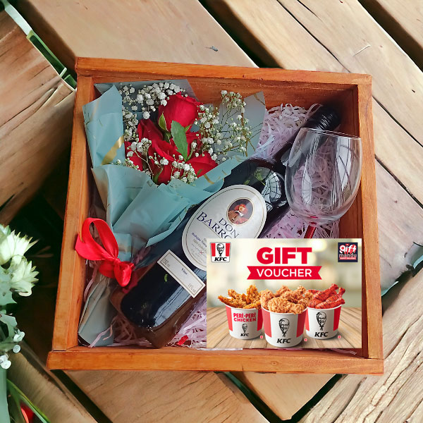 Fresh Roses Bunch, Wine & KFC Food Voucher in Wooden Box | Gifts to ...