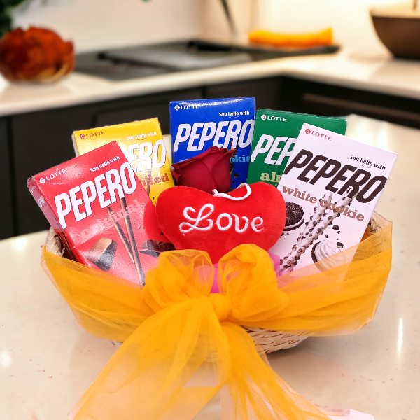 Pepero Flavours Delightful Hamper with Mini Cushion and Red Rose Gift ...