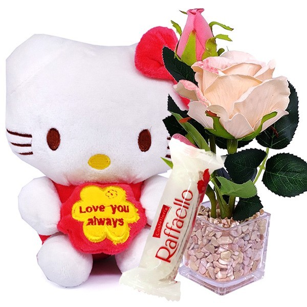 Artificial Pink Rose With Hello Kitty & Raffaello T3 | Gifts to Nepal ...