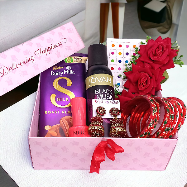 Shrawan Festive With Cosmetic Arrangement & Dairy Milk Combo | Gifts to ...