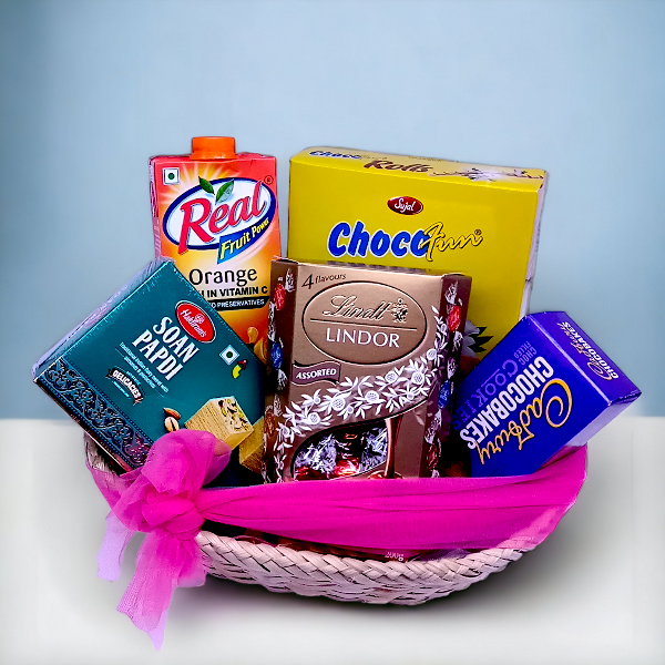 Chocolate Gift Hamper With Orange Juice & Soan Papdi Combo | Gifts to ...