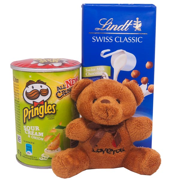 Cute Teddy Bear with Chocolate & Pringles | Gifts to Nepal | Giftmandu