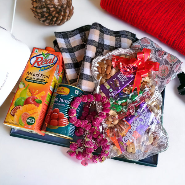 Bhaitika Bliss: Juice, Mala, Topi, Sweets and Scarf Combo | Gifts to ...