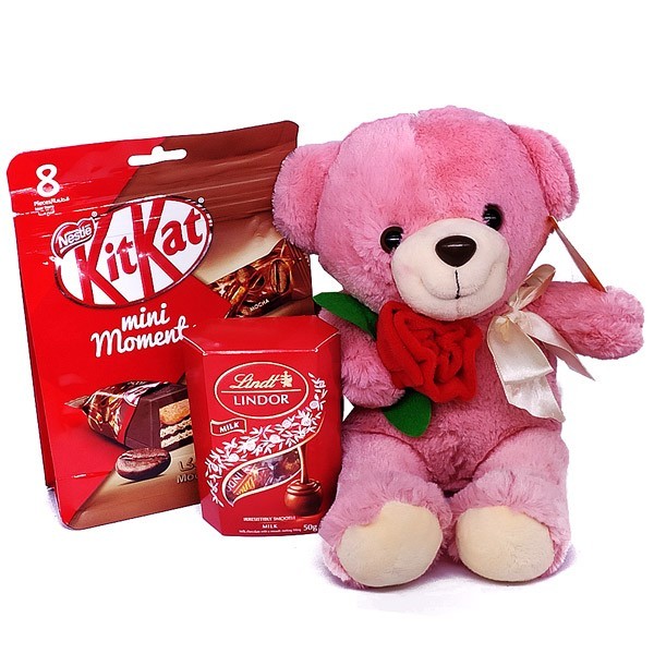 Pink Rose Teddy Bear With Kitkat & Lindt Lindor | Gifts to Nepal ...
