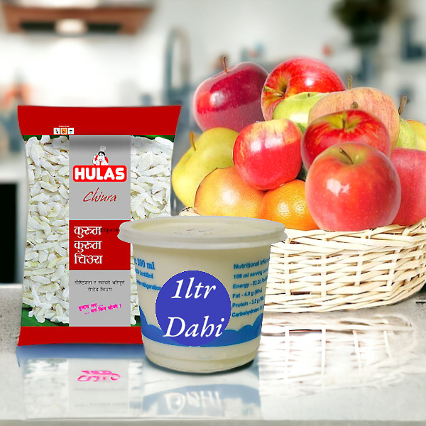 Mix Fruits Basket With Dahi Chiura Special Ashar-15 Hamper | Gifts to ...