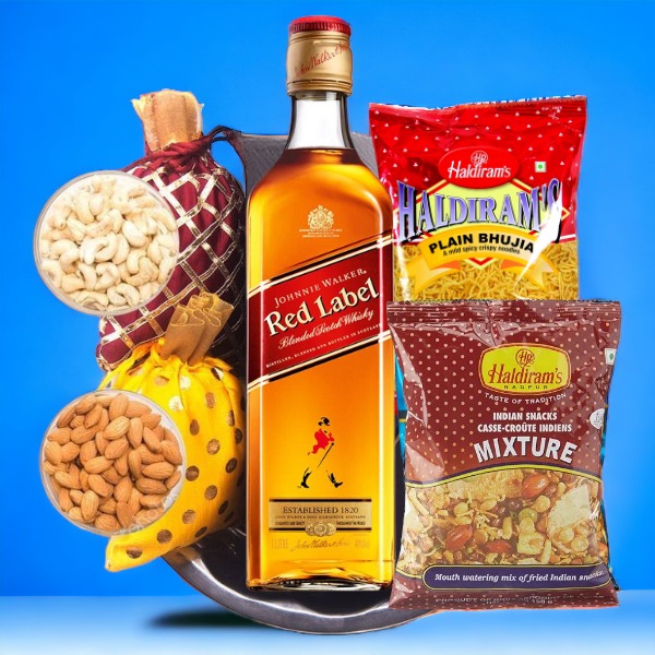 JW Red Label Whisky 1000ml, Namkeens & Dry Nuts Combo Tray | Gifts to ...