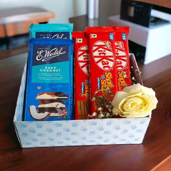 Kitkat, Wedel Dark Chocolates & White Rose In A Box | Gifts to Nepal ...