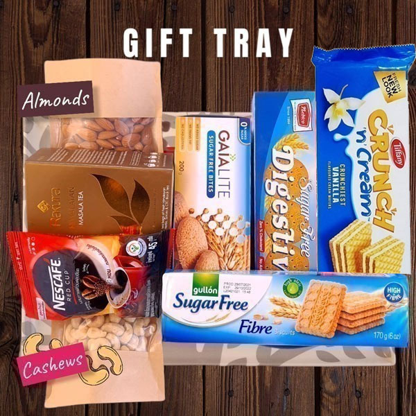 Assorted SugarFree Biscuits, Dry Nuts, Tea Coffee Gift Tray (8 Items ...