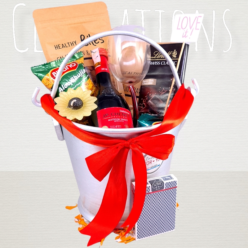 Celebrations Mini Wine, Nuts, Chocolate Bucket Hamper | Gifts to Nepal ...