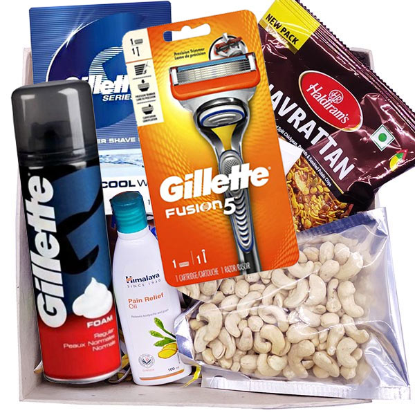 Razor, Shaving Foam, Pain Relief Oil, Namkeens & Cashews Box | Gifts to ...