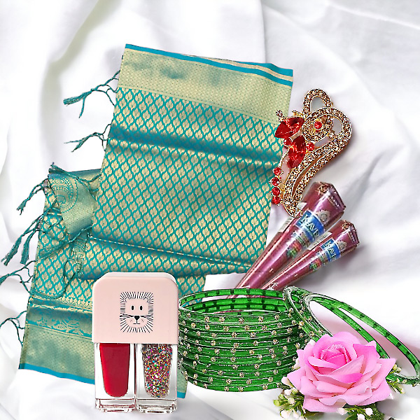 Teej Beauty Hamper with Green Saree For Her | Gifts to Nepal | Giftmandu