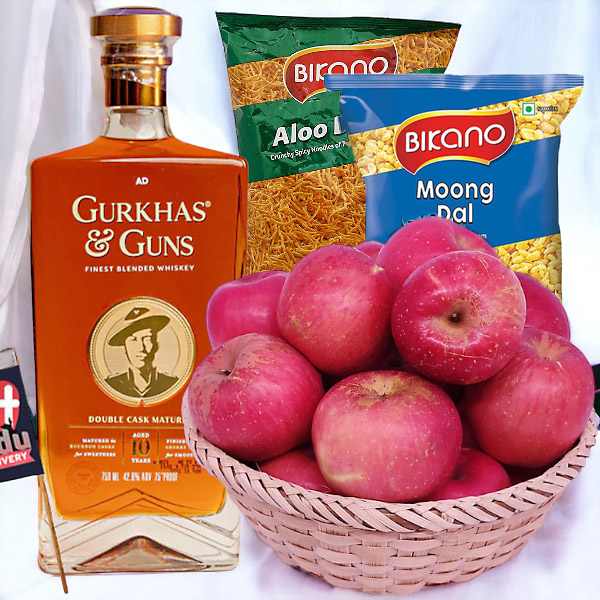 Gurkha & Guns Whisky With Bikano Snacks & Fruits Basket | Gifts to ...