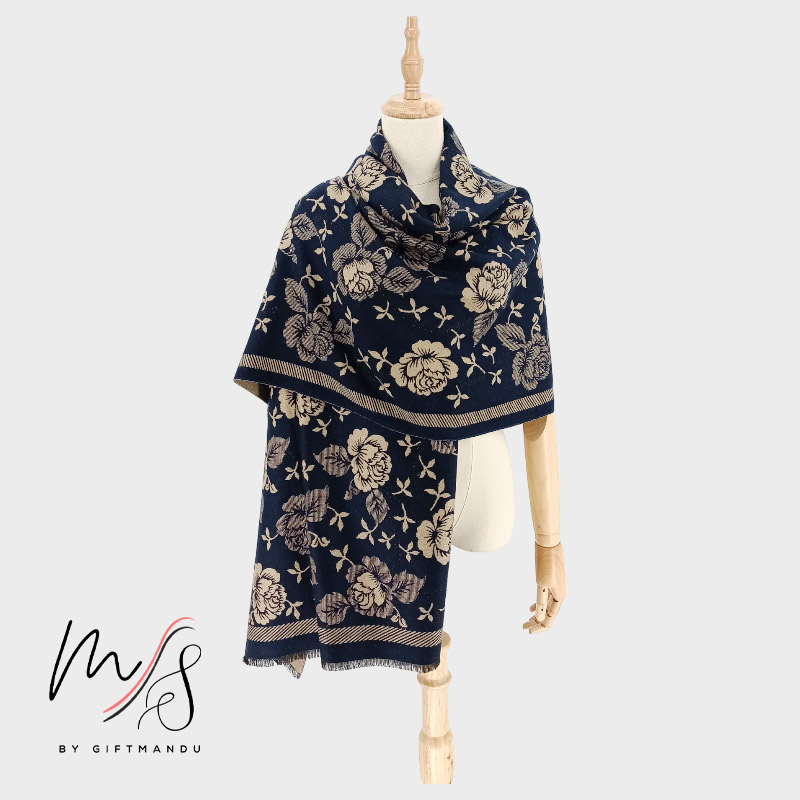 Dark Blue Wool Shawl with Off-White Floral Accent | Gifts to Nepal ...