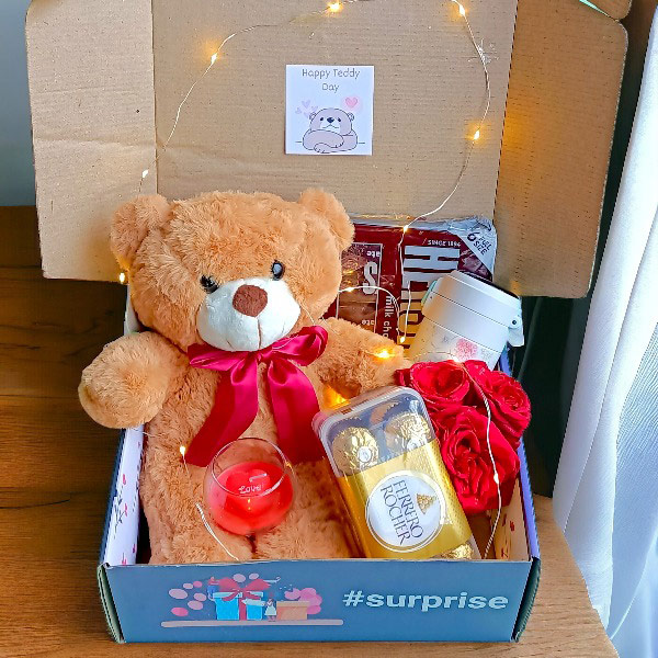 Teddy With Hershey, Ferrero Chocolates, Bottle, Candle & Roses | Gifts ...