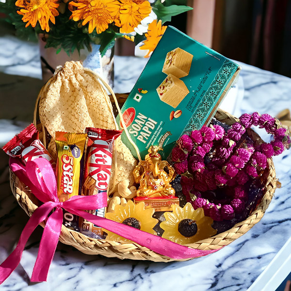 Tihar Celebrations : Ganesha Statue, Drynuts, Sweets and Makhamali Mala ...