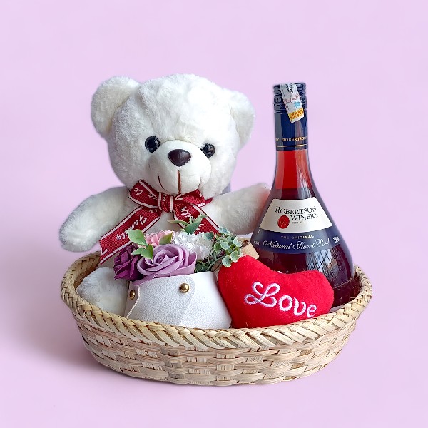 Valentine's Sweet Red Wine 750ml, Artificial Flowers and Teddy Combo ...