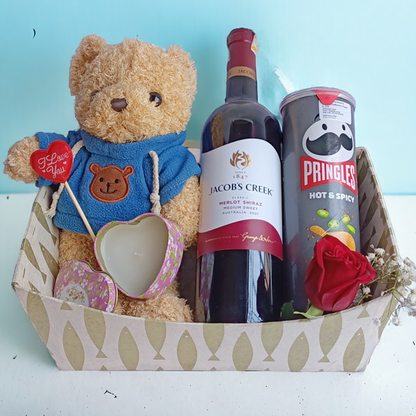 Teddy With Pringles, Candle, Rose & Jacobs Beverage 750ml | Gifts to ...